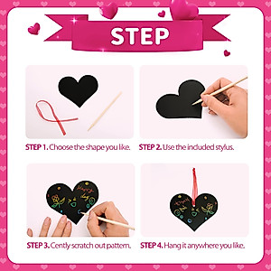 28 Pieces Valentines Crafts for Kids,Rainbow Scratch Paper Ornaments,Heart Shape Scratch Craft Art Kit for Class Valentines DIY Art Activity,School Valentines Day Gifts for Kids