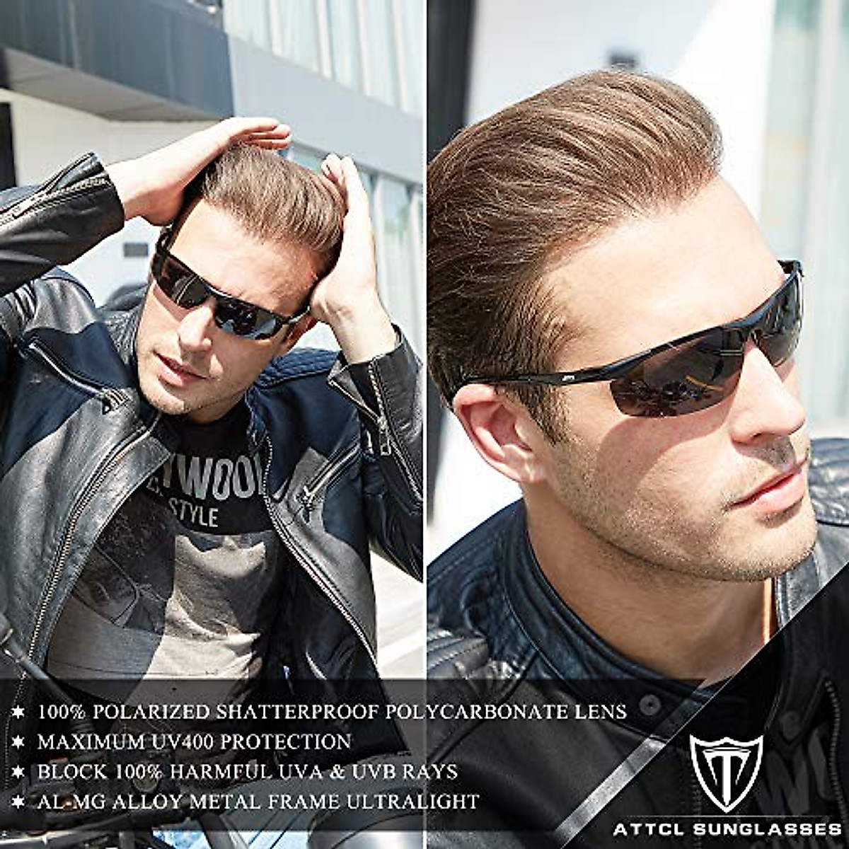 ATTCL Polarized UV Protection Sports Fishing Driving Sunglasses for Men Al-Mg Metal Frame Ultra Light 8585 Black