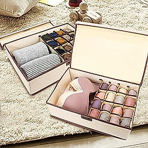 COSIFO 2PC Sock Bra Organizer Divider with Lid, 17 Cells Fabric Divider Underwear Drawer Organizer, Foldable Closet Storage Boxes Case for Socks, Bras, Ties, Towels, Scarves, Beige