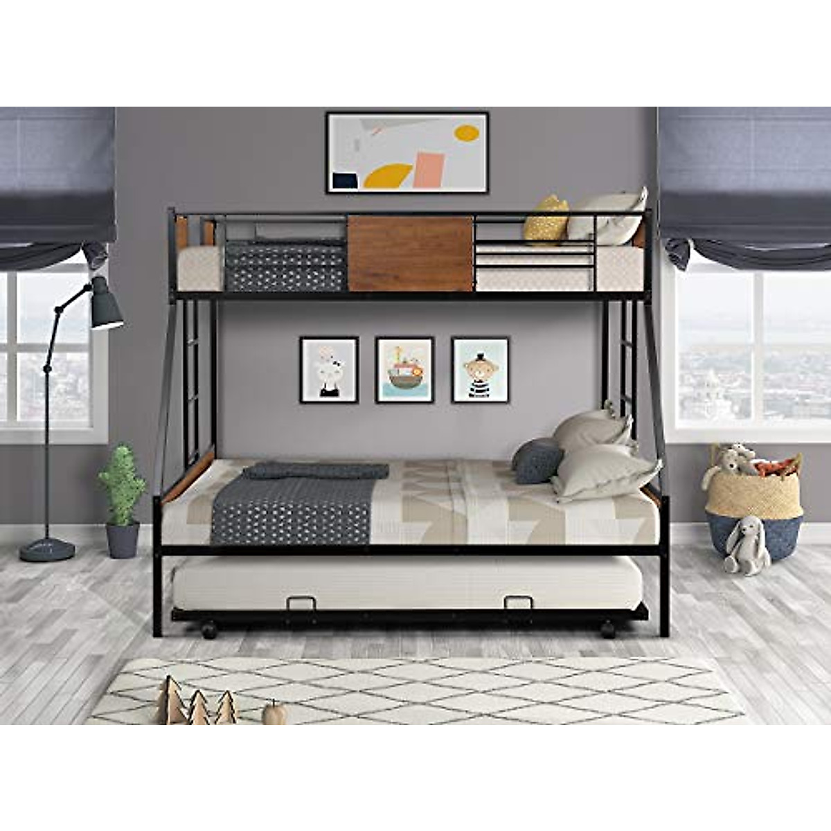 WIILAYOK Metal Bunk Bed Twin Over Full Bunk Bed with Trundle,Heavy Duty Metal Bunk Bed Frame with Safety Rail and Two-Side Ladders for Kids Teens Adults (Black)