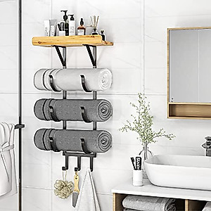 Towel Rack, Wall Mounted Metal Towel Holder for Bathroom Wall,Towel Storage Racks with 3 Compartments and 3 Hooks Black
