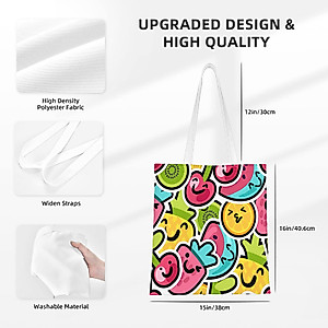 TifyDon Canvas Tote Bag，Berries Fruit Mix Pattern Reusable Large Shopping Shoulder Tote Bag For Women，Lovely Funny Pineapple Orange Watermelon Cherries Kiwi Black Happy Beach Tote Bags Bulk