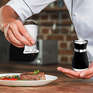 MITBAK Salt and Pepper Shakers (2-Pc. Set) Elegant w/Clear Glass Bottom | Compact Cooking, Kitchen and Dining Room Use | Classic, Refillable Design (BK/White)