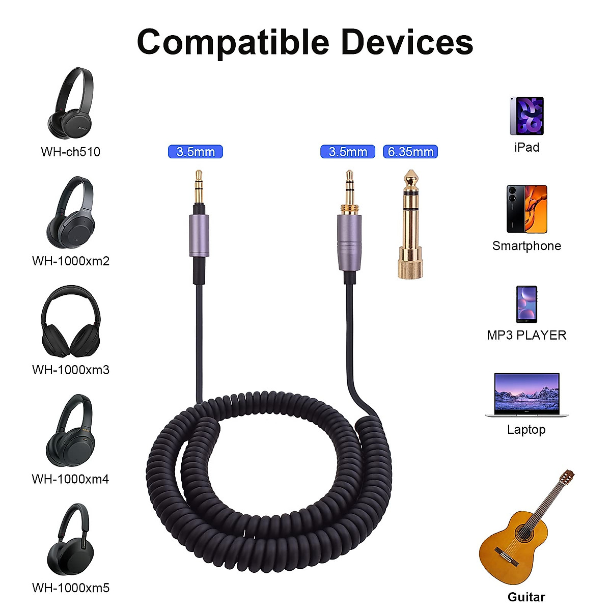 WH-1000xm4 Replacement Headphones Cable, Coiled Aux Cord Compatible with Sony WH-1000xm5, WH-1000xm4, WH-1000xm3, WH-1000xm2, WH-ch510, WH-ch700n, WH-ch710n and more, with 6.35mm Adapter (Max 14Ft)
