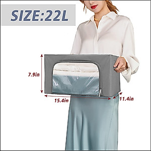 Stackable Clothes Storage Box for Clothing Gadgets,Steel Frame Storage Bins for Toys Gift,Foldable Oxford Fabric Closet Organizer Bag Set with Carry Handles Clear Window (Small- 22L x3 Pack, Grey)