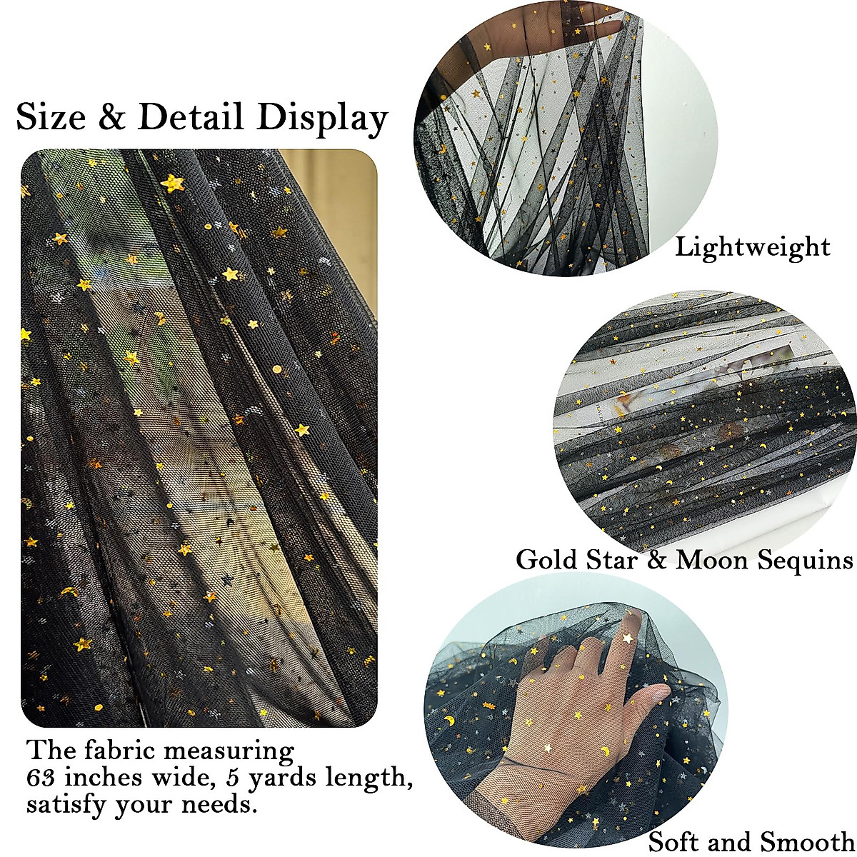 Black Glitter Tulle Fabric Rolls 63 inch by 5 Yards Gold Star Moon Sequin Tulle Netting Fabric for Tutu Skirt Sewing DIY Crafts Wedding Birthday Baby Shower