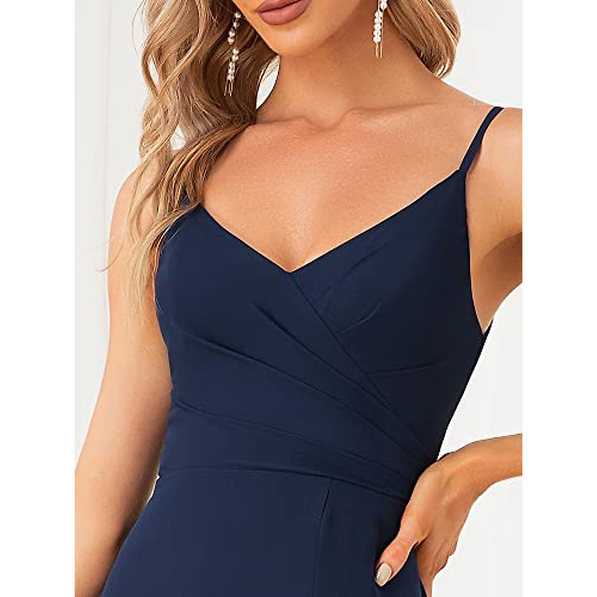 Ever-Pretty Women's A Line Spaghetti Straps Side Slit Double V-Neck Ruched Chiffon Long Formal Dress Navy Blue US8