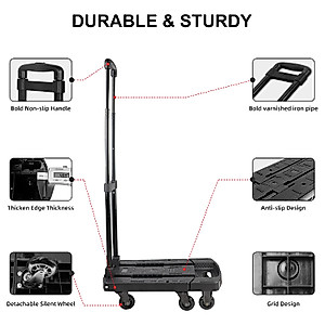 SELORSS Folding Hand Truck, 530 LBS Heavy Duty Luggage Cart, Foldable Dolly Cart for Moving, Utility Dolly Platform Cart with 6 Wheels for Travel House Office Shopping (Black)