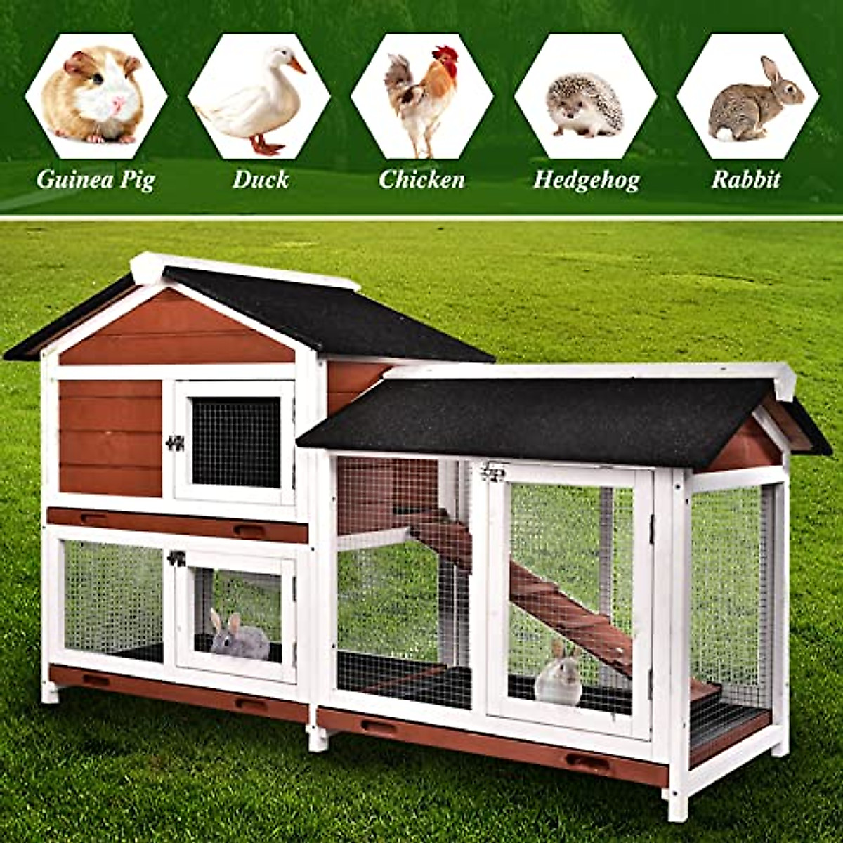 B BAIJIAWEI Rabbit Hutch Indoor Outdoor 62" Bunny Cage - 2-Tier Waterproof Wooden Rabbit Cage - Guinea Pig House with Ramp, Door, Pull Out Tray