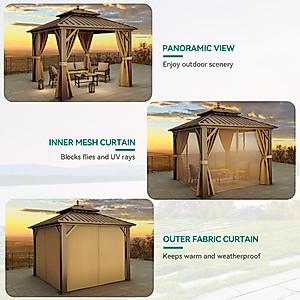 YITAHOME 10x10ft Hardtop Gazebo with Nettings and Curtains, Heavy Duty Double Roof Galvanized Steel Outdoor Combined of Horizontal Vertical Stripes Roof for Patio, Backyard, Deck, Lawn (Bronze)