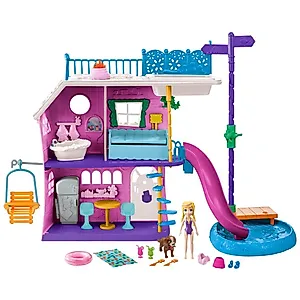 Polly Pocket Lil’ Lake House with 2 Stories, Slides, Lake Accessories, Living Accessories, 3-inch Polly Doll & Her Dog Peaches; For Ages 4 and Up [Amazon Exclusive]