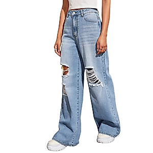 SweatyRocks Women's Casual Loose Ripped Denim Pants Distressed Wide Leg Jeans Light Blue L
