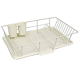 Sweet Home Collection Metal, Plasic 3 Piece Dish Drainer Rack Set with Drying Board and Utensil Holder, 12" x 19" x 5", Ivory