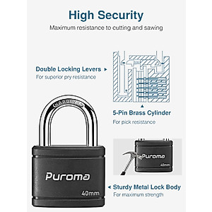 Puroma 2 Pack Keyed Padlock with 3 Keys, 1.1 Inch Locker Lock 40mm Heavy-Duty Locks for Gate Fence Hasp Cabinet Toolbox School Gym Locker (Black)