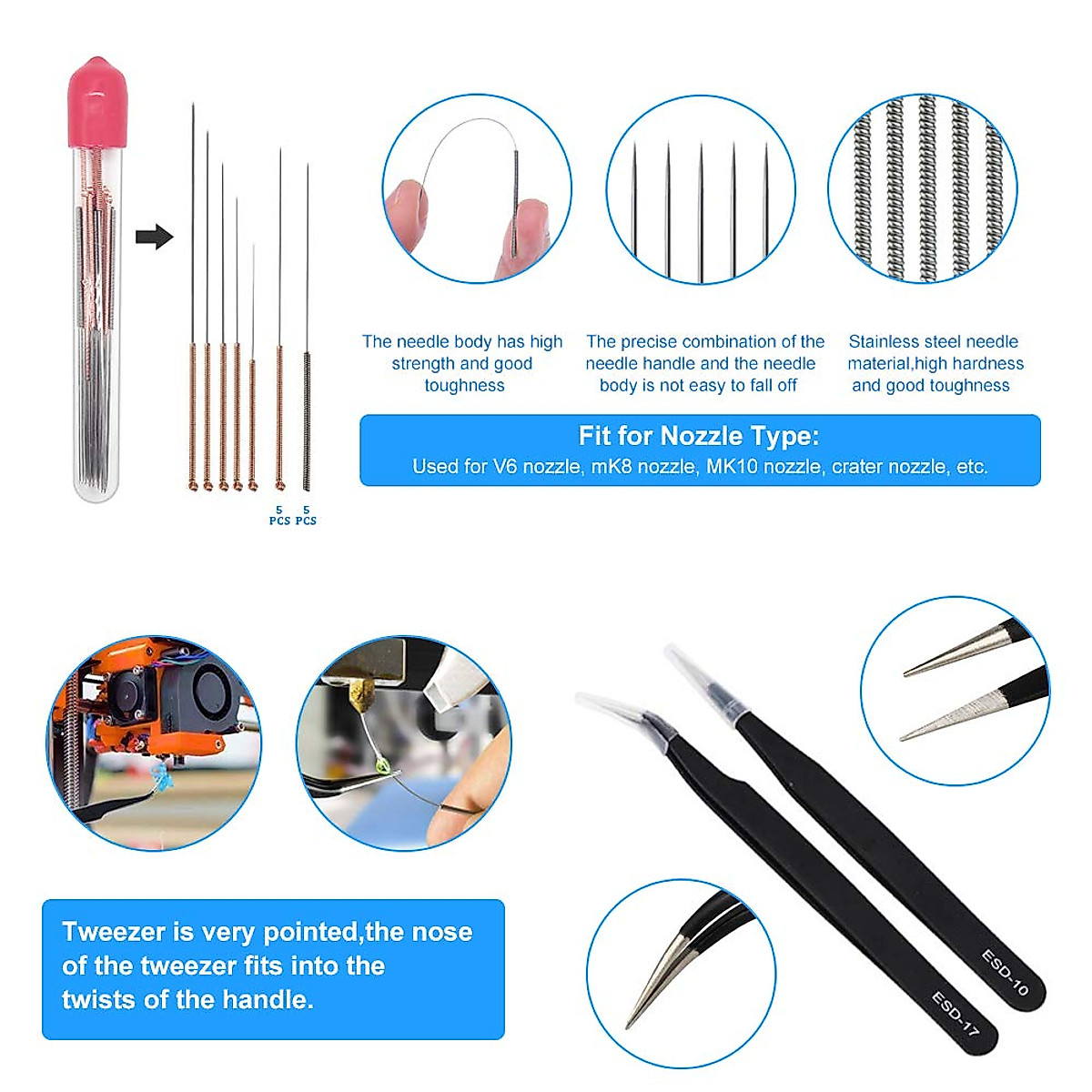 HAWKUNG 35 Pieces 3D Printer Accessories Tool Kit, 7 Size Cleaning Needles, Tweezers, Pliers, Scraper, Cleaning Brushes, Clean Up Knives Come for 3D Printing Model Removing, Cleaning, Finishing