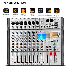 SENWOSI MT-8 8-Channel Sound Board Mixer Amplifier Mixing Console USB Bluetooth Audio Interface Microphone Preamplifier Phantom Power 3 band EQ Steel Chassis DJ Studio Music production