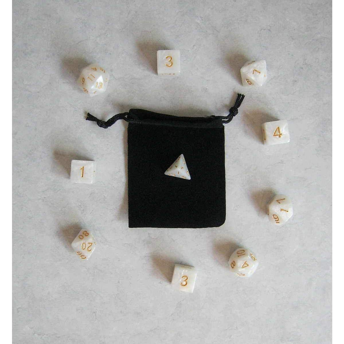 Elven White RPG D&D Dice Set: 7 + 3d6 = 10 polyhedral die plus bag! by Dave's Dice