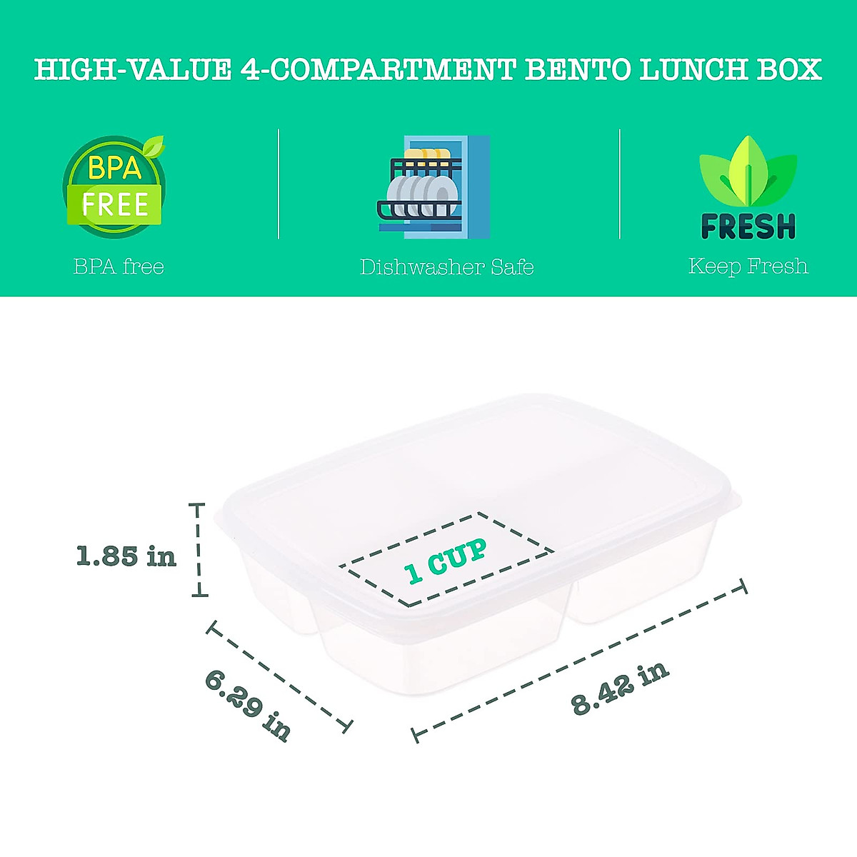 TeTeBak Bento Box - 4-Compartment Reusable Bento Lunch Box for School, Work, and Travel, Food Prep Containers, Snack Containers for Kids, Portion Control Bento Lunch Box for adult, Set of 2, Clear