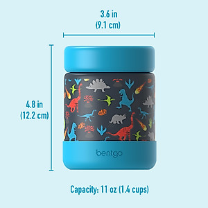 Bentgo Kids Stainless Steel Food Jar - 11oz Leak-Proof Double Insulated Hot or Cold Food Container with Removable Silicone Bumper, Dishwasher Safe, Easy Open Lid, Ages 3+ (Dinosaur)