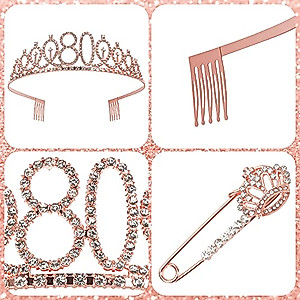 80th Birthday Decorations for Women, 80th Birthday Party Decorations Include 80th Birthday Crown, Sash, Compact Mirror, "80" Candles, Cake Topper, Pin, Card, Rose Gold 80th Birthday Gifts
