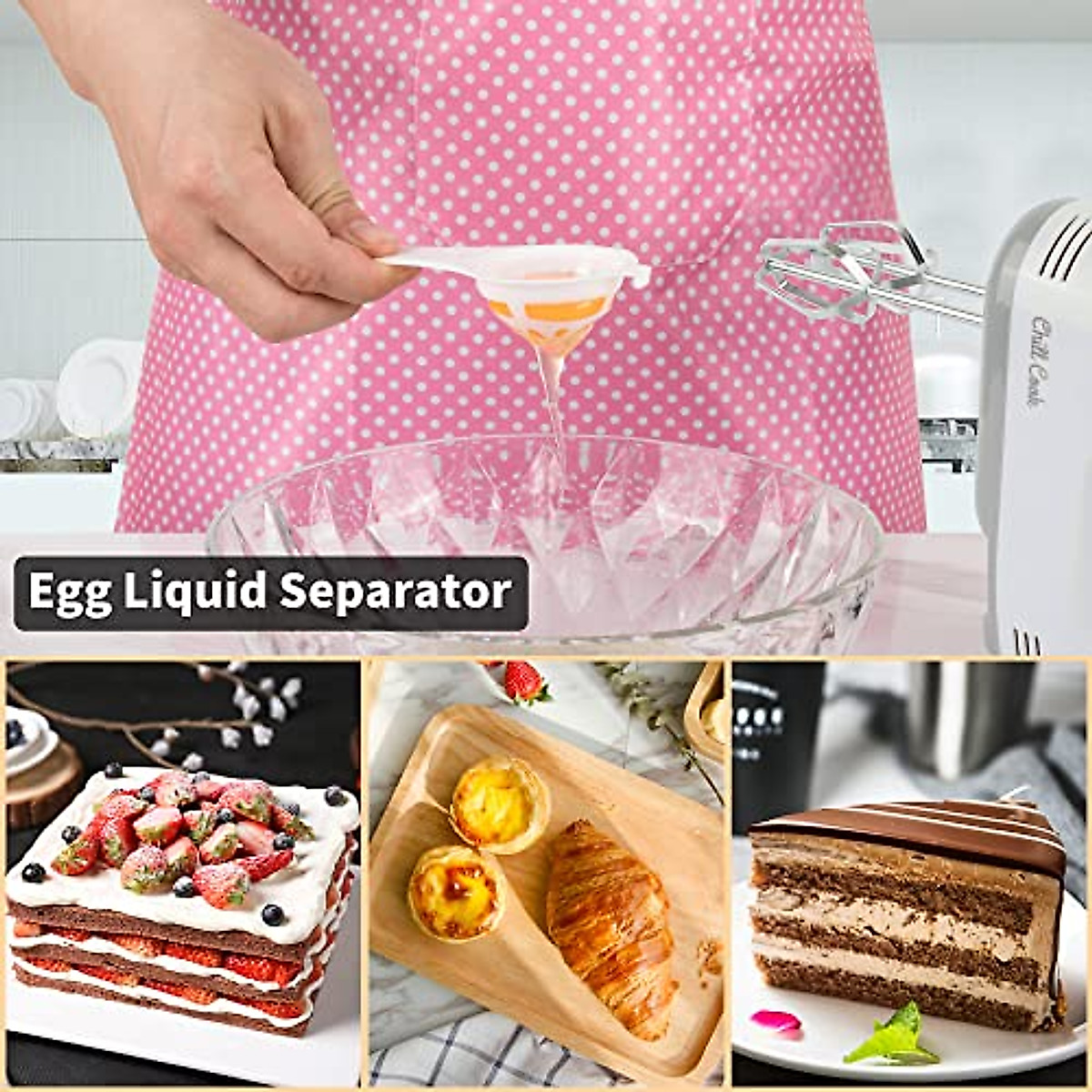 Electric Hand Mixer - Electric Baking Tools Includes 4 Stainless Attachments, 1 Egg White Separator - Chillcook Baking Mixer for Bread, Cake, Meringue - 300W Copper Motor 5-Speed Control