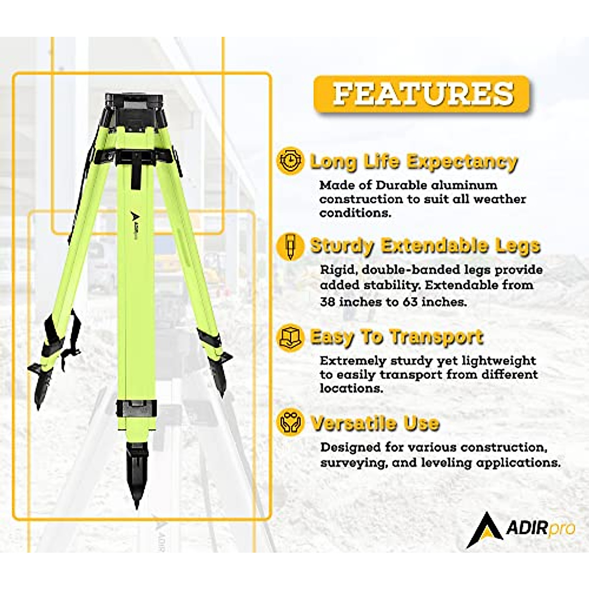 AdirPro High Visibility Universal Survey Tripod – Aluminum Laser Level Tripod – Transit Level Tripod - Quick Clamp - Heavy Duty Contractor Tripod 5/8” x 11” Thread (Green)
