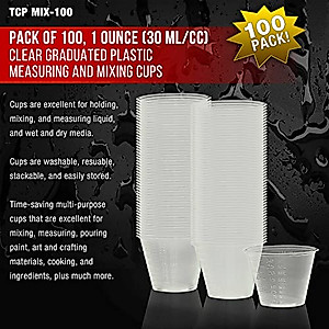 TCP Global Pack of 100, 1 Ounce (30ml) Graduated Plastic Clear Measuring and Mixing Cups - Hold, Mix Paint, Acrylic Art Hobby Airbrush Pouring Paint, Kitchen Cooking, Medicine, Laboratory Measurements