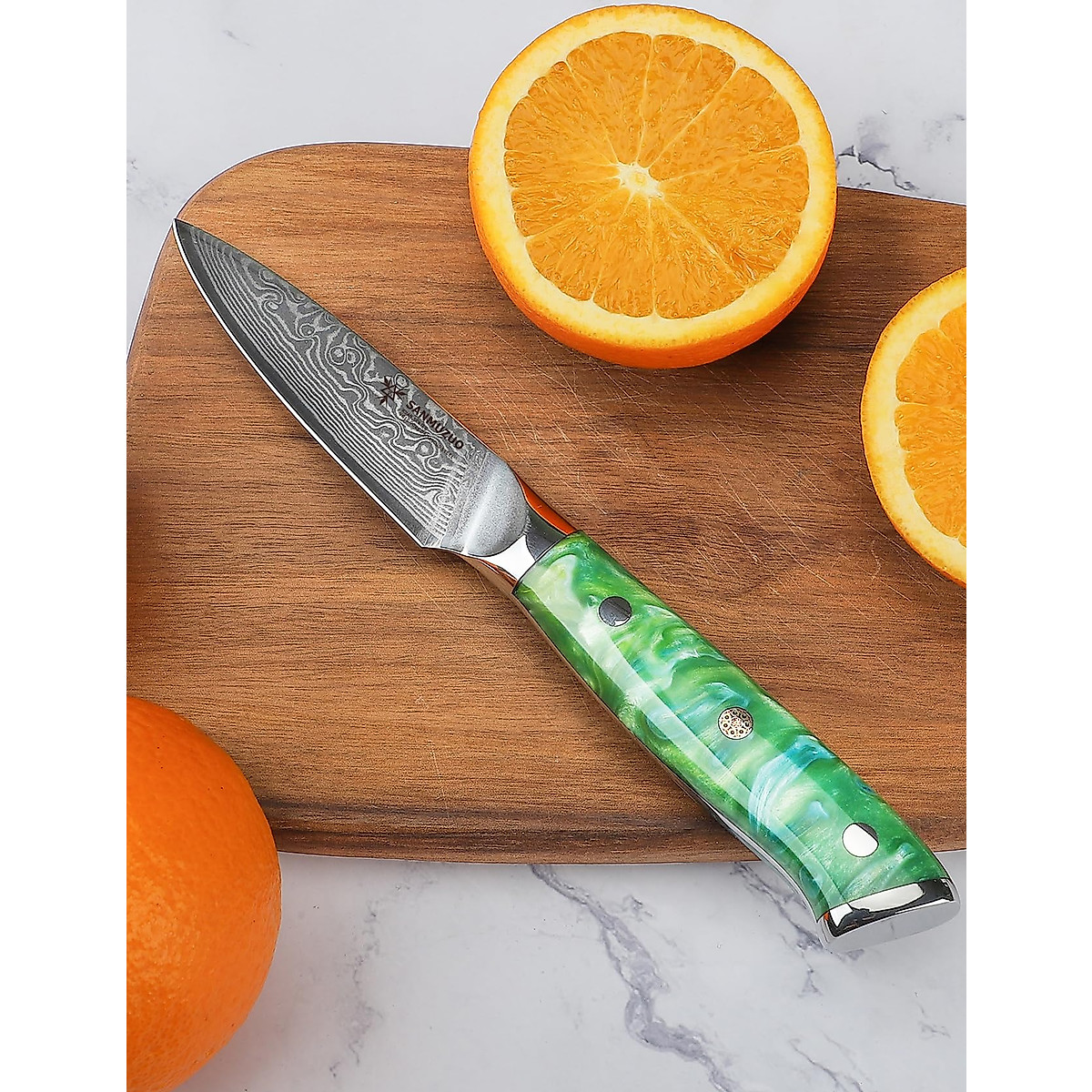 SANMUZUO 3.5 Inch Paring Knife - Kitchen Fruit Vegetable Knife Damascus Steel & Resin Handle - XUAN Series (Jade Green)