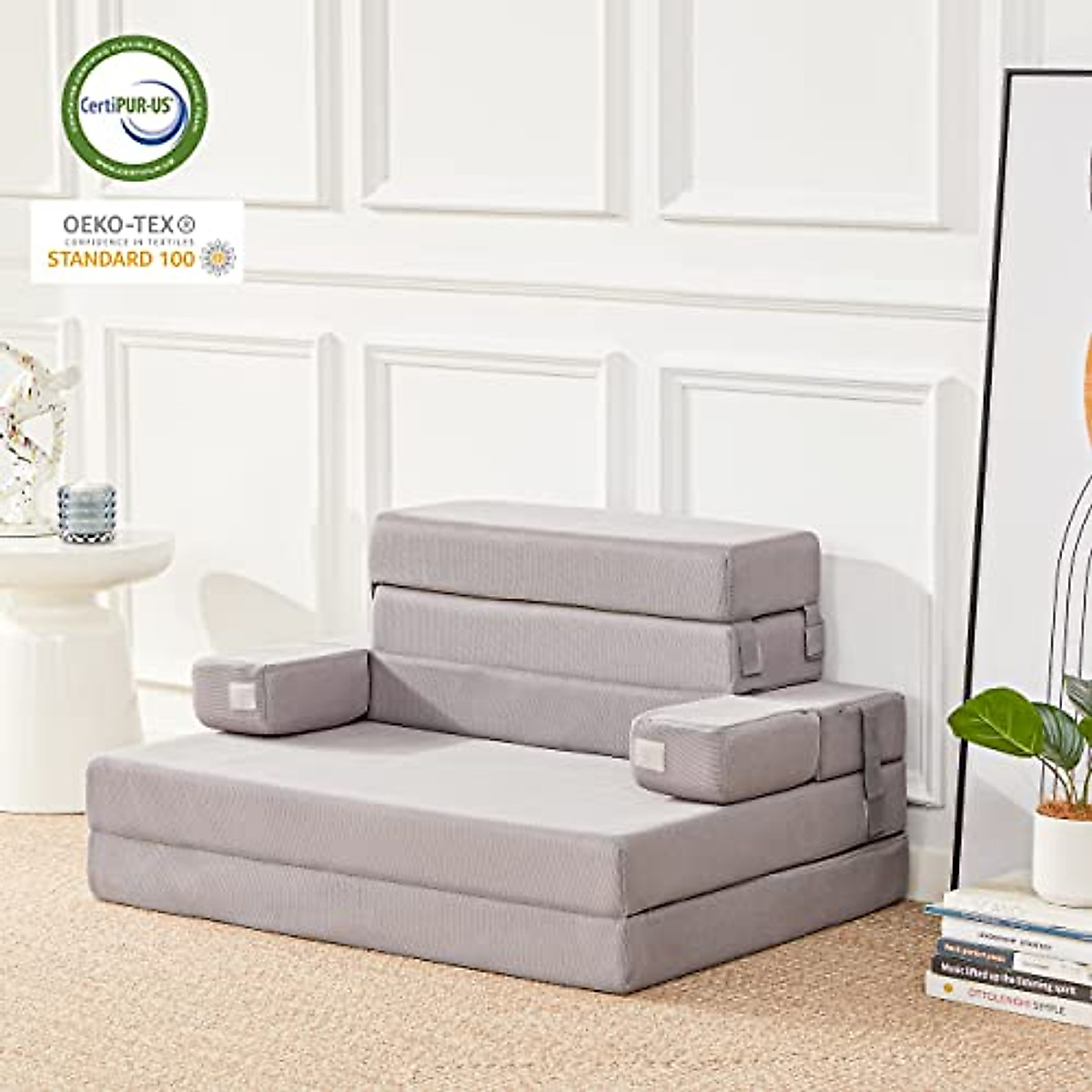 Lazyzizi Sleep 4 Inch Foldable Mattress, Portable Floor Mattress Couch with Headrest, Washable Cover, Foldable Foam Couch Twin for Guest Bed, Folding Sofa Bed, Camping, Road Trip， Dark Grey