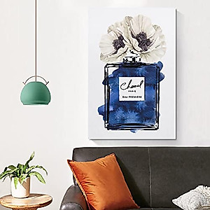 Fashion CHANEL Perfume Bottle With Blue & White Poppy Flower Canvas Print Poster Poster Modern Office Family Bedroom Wall Art Decorative Picture Posters Room Aesthetic Decor Painting Canvas Gift 12x18inch(30x45cm)