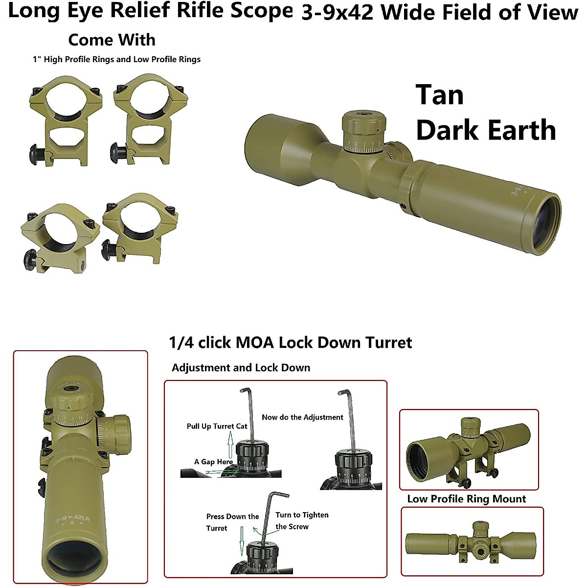 DB TAC INC Tan Color 3-9x42 Wide Angle Long Eye Relief Scout Scope with Extra Low Profile Weaver Scope Rings, Tan Dark Earth Anodized