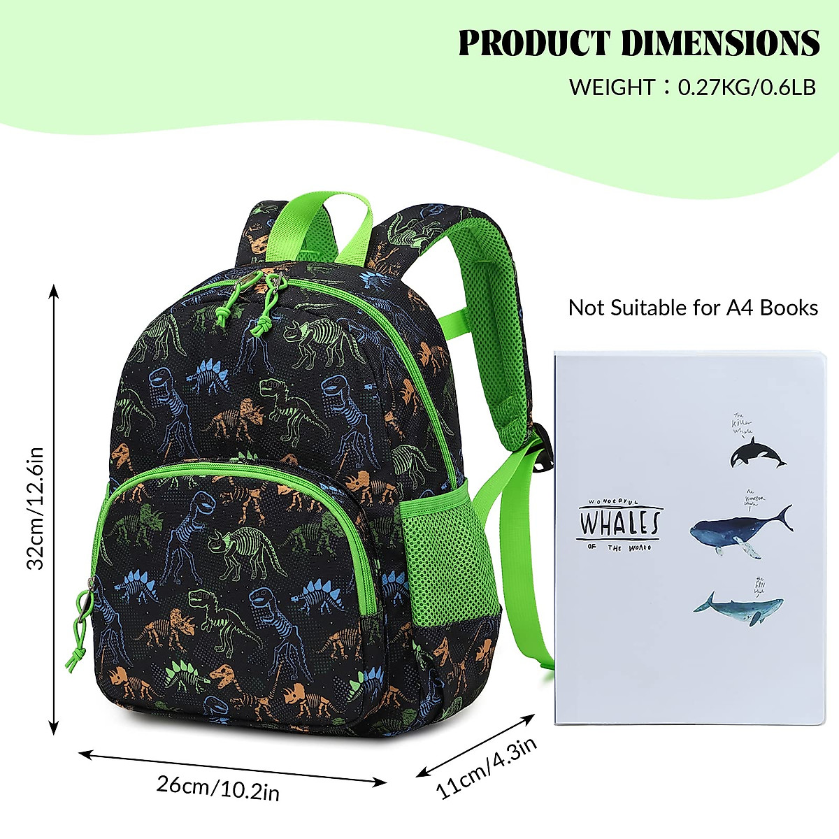 Ryushoyo Cute Toddler Backpack Kids Preschool Bag Skeleton Dinosaurs Mini Travel Bag for Baby Boy Child Daycare Nursery with Chest Strap for 1-6 Years Green Black