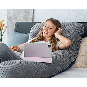 AngQi Peanutshell Pregnancy Pillows, Full Body Pregnancy Pillow with Minky Dot & Velvet Cover, U Shaped Body Pillow for Pregnant Women, Maternity Pillow for Side Sleeping and Back Support, Blue & Grey