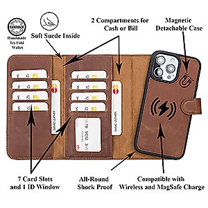 iPhone 14 Pro Leather Case, iPhone 14 Pro 6.1" Tri-fold Wallet, Magnetic Detachable iPhone 14 Pro Cover, Apple iPhone 14 Pro Card Holder
