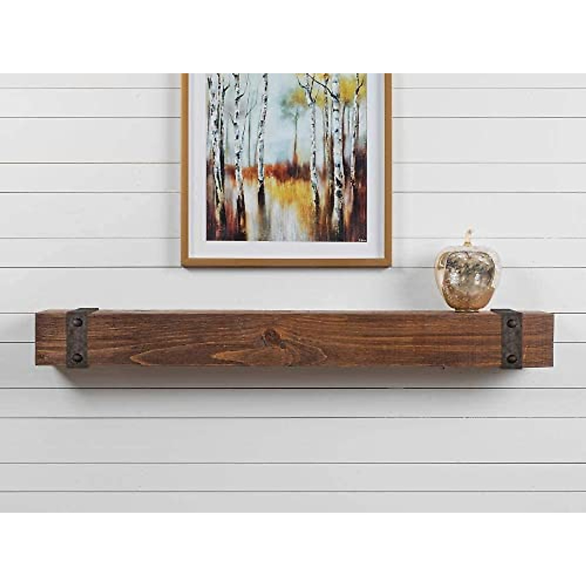 60 Inch Floating Fireplace Mantel Wood Shelf In Rustic Provincial - Pinecliffe From Mantels Direct | Wooden Distressed Wall Shelf with Bronze Metal Straps Perfect for Décor and Electric Fireplaces