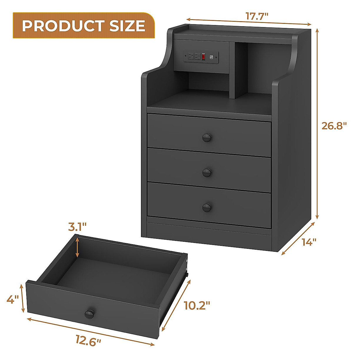 Tiptiper Black Nightstand with Charging Station 3 Drawers, Wood Sofa End Side Table with USB Ports and Outlet, Bedside Table Bedroom Nightstand with Sliding Drawer & Hutch