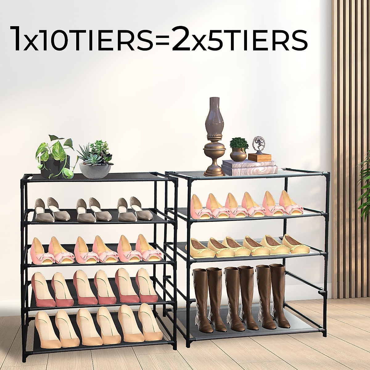 LCyindu Tall Shoe Rack 10 Tiers Narrow Shoe Shelf, 27-30 Pairs of Shoes and Boots Organizer, Black Metal Stackable Shoe Cabinet Space Saving for Entryway, Closet, Bedroom, 23" D x 10.9" W x 61.8" H