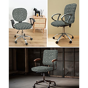 Christmas Snowflake Office Chair Cover Stretchable Computer Chair Seat Cover Backrest Slipcovers, Stretchable Rotating Desk Chair Seat Cushion Split Protectors Farmhouse Buffalo Plaid Blackish Green