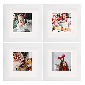 Golden State Art, 6x6 White Photo Frame-Display Photos 4x4 with White Mat or 6x6 without Mat - Solid Wood, Real Glass, Set of 4 (Wall Display)