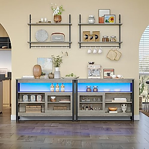 Bestier LED Buffet Sideboard, Farmhouse Storage Cabinet with Sliding Door, Open Compartment, Wood Coffee Bar Wine Bar with Adjustable Shelves - Grey