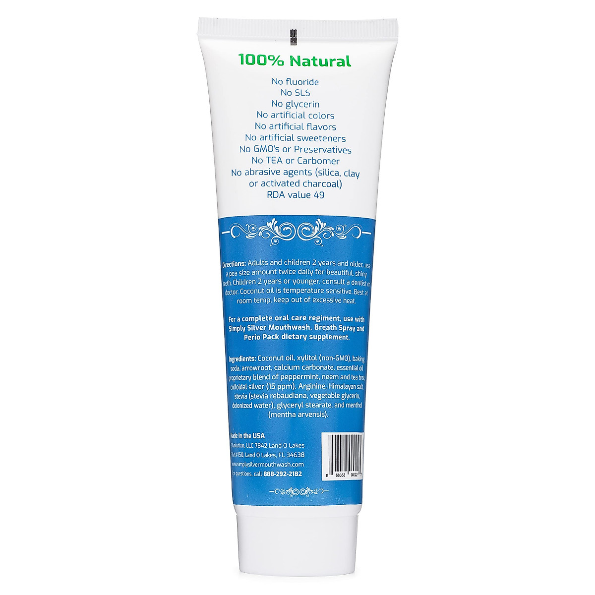 Simply Silver Toothpaste Mint - All Natural Colloidal Silver Toothpaste, Fluoride Free, Sensitive Teeth, Whitening, 4 oz