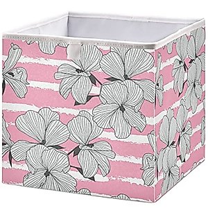 visesunny Closet Baskets Elegant Flower Pink Stripe Storage Bins Fabric Baskets for Organizing Shelves Foldable Storage Cube Bins for Clothes, Toys, Baby Toiletry, Office Supply