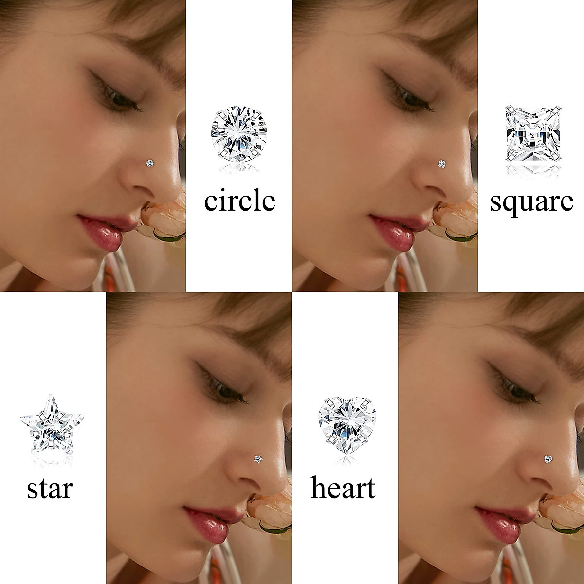 Sllaiss 8Pcs 20G Sterling Silver Nose Rings Studs for Women Assorted Shapes CZ Nose Studs Set Nose Piercing Jewelry