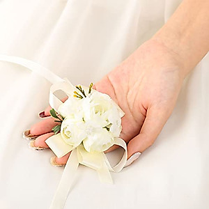 Yean White Rose Wrist Corsage Bride Wedding Hand Flower Handmade Whith Ribbon Corsage Wristlet Wedding Party Prom Decorations Accessories for Women and Girls