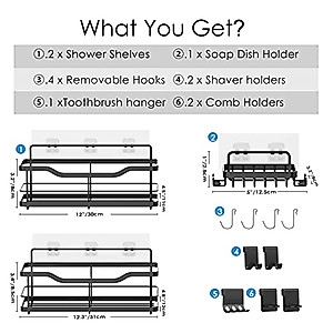 PIMVANS Shower Caddy, Adhesive Improved Shower Shelves [9 detachable shower accessories,Soap Dish], Stainless Steel Bathroom Organizer, Shower Rack for Inside Shower, Shower Storage, Black (BLACK)
