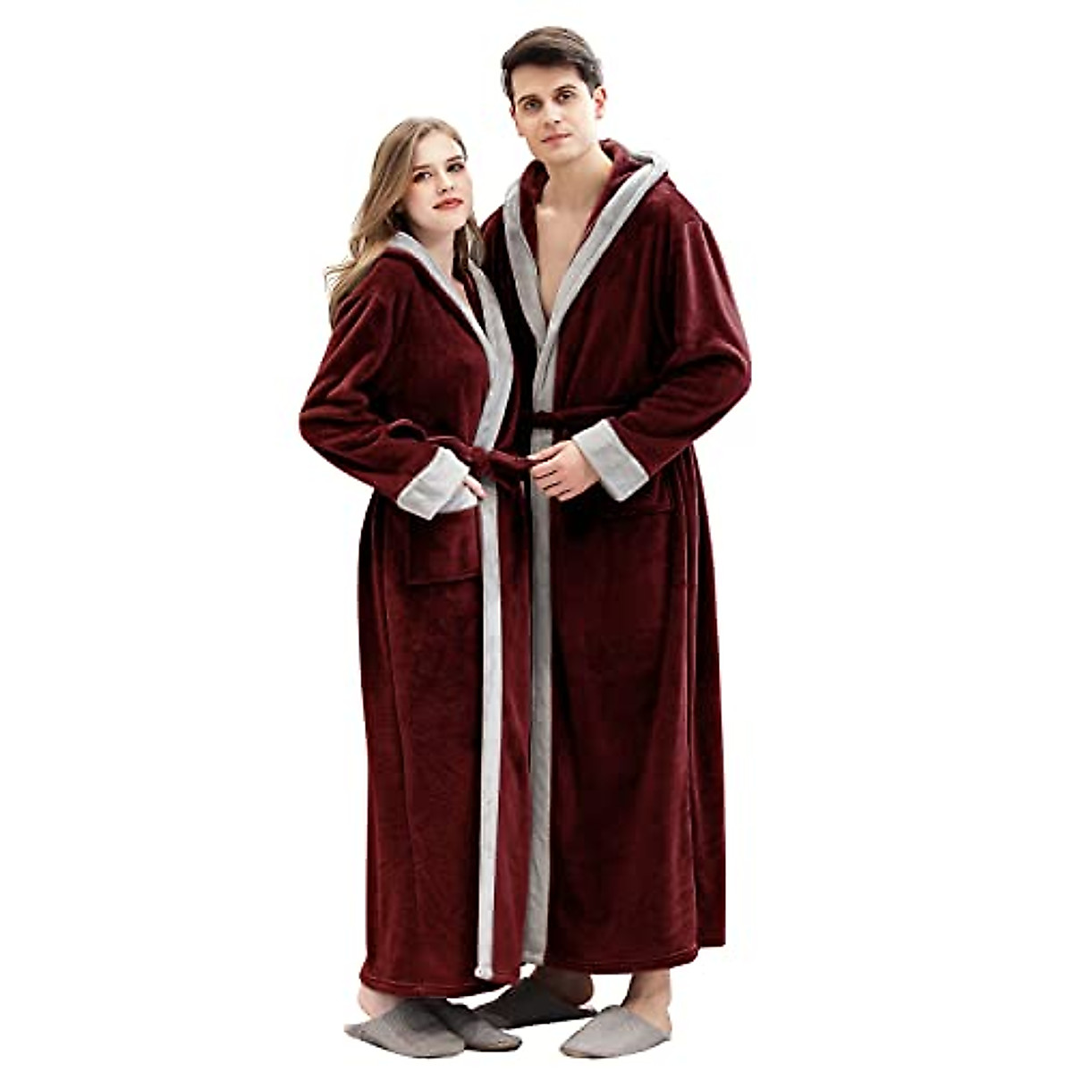 Hellomamma Mens Long Robes with Hood Full Length Hooded Bathrobe Fleece Plush Fluffy Housecoat Nightgown Wine Red
