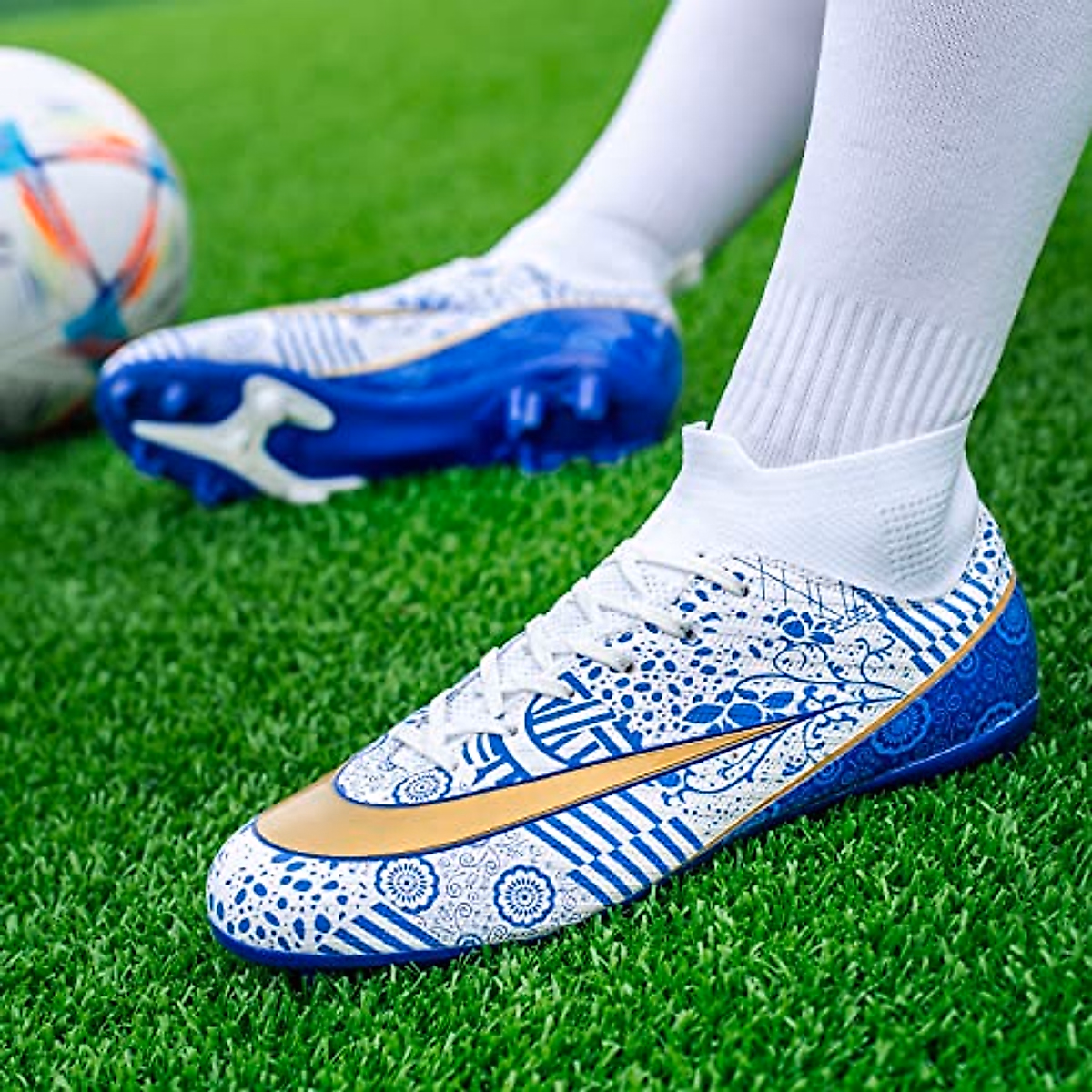 Kids Soccer Shoes Firm Ground Youth Soccer Cleats Boys Spike FG High-Top Football Boots for Outdoor Training White Blue