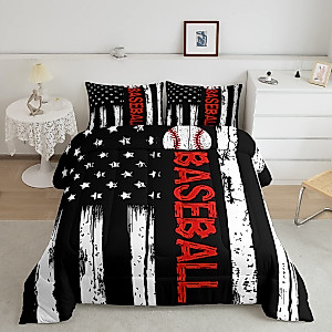 Erosebridal American Flag Comforter Baseball Bedding Twin 2pcs Sports Games Down Comforter for Boys Girls Bedroom Black and White Striped Comforter Set Retro US Flag Decorations, Lightweight Soft