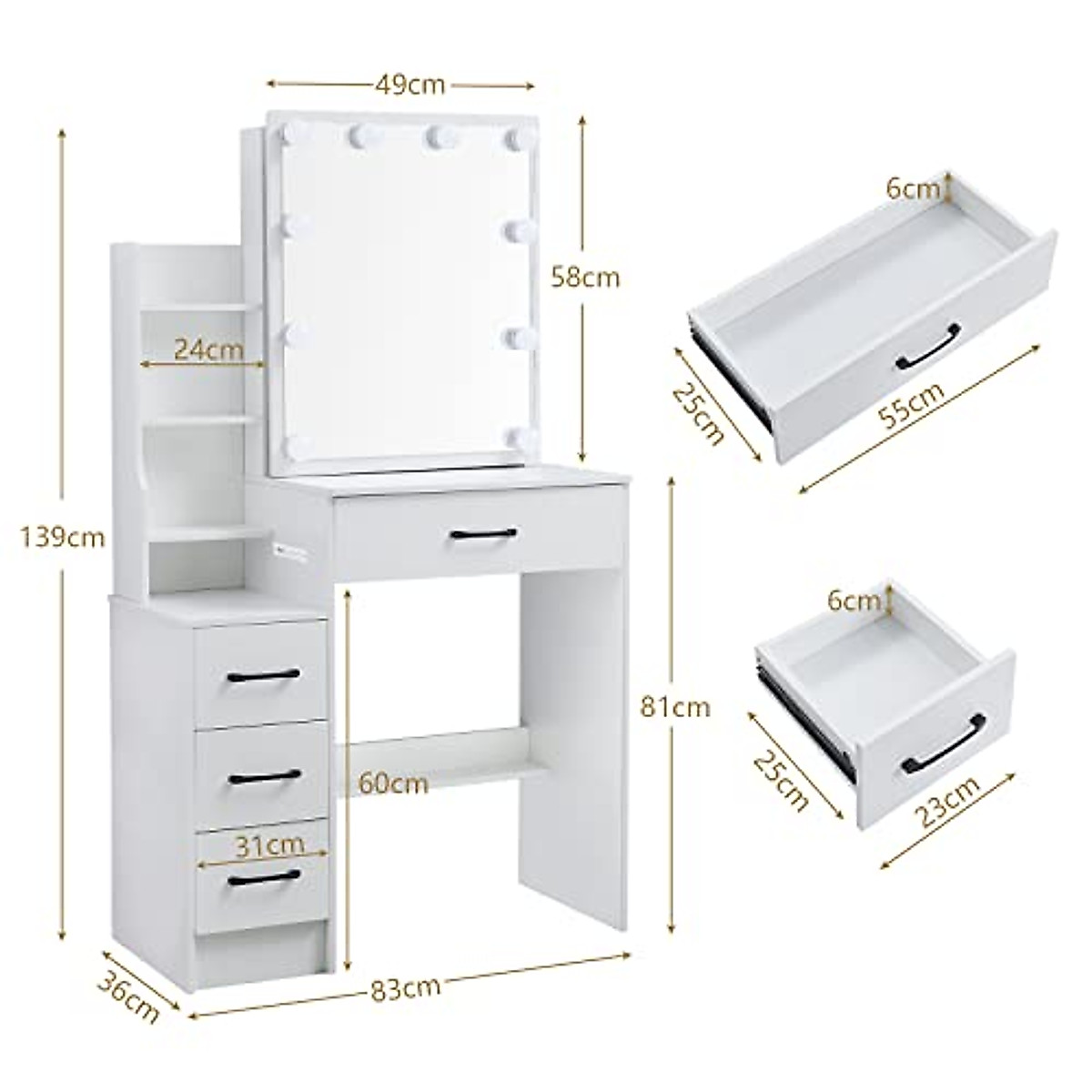 tojump White Vanity Set with Charging Station & LED Lighted Mirror, Modern Makeup Vanity Desk Dressing Table with Cushioned Stool & Drawers Chest for Bedroom (Vanity C3)