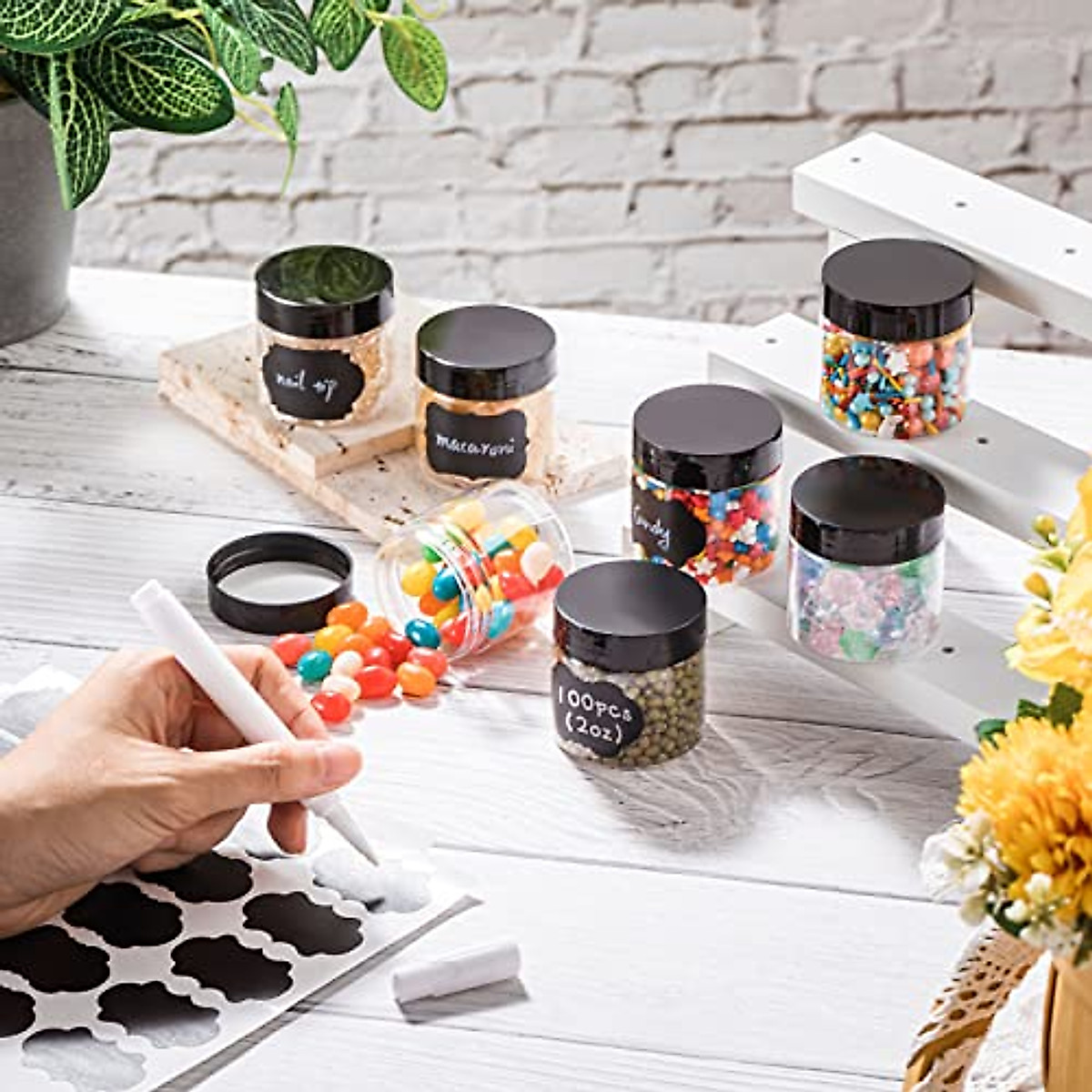 Mimorou 100 Pcs Plastic Jars with Lids Wide Mouth Round Clear Containers, Black Pen and Labels Refillable Airtight Travel Storage Leak Proof Small for Storing Dry Food, Makeup, Honey, Butter (2 oz)